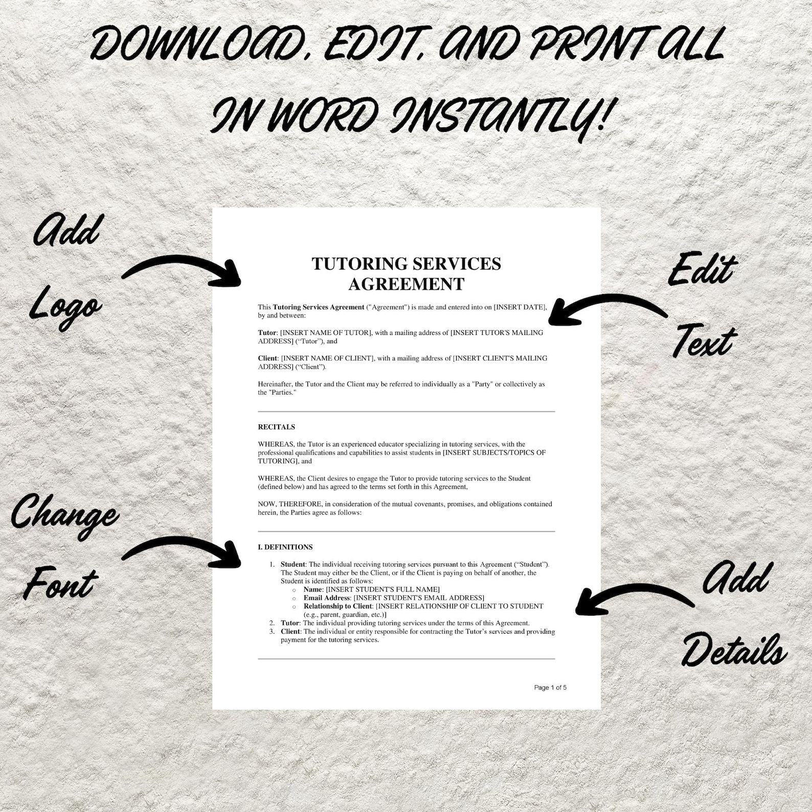 Editable Tutoring Service Agreement Template: Tutor Contract (word ...