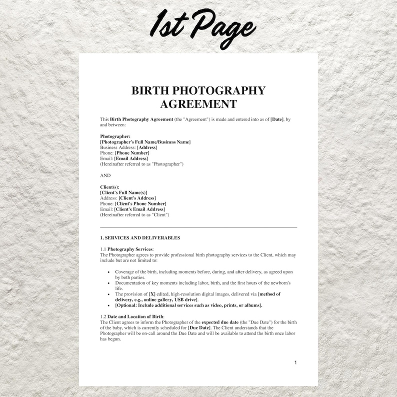 Birth Photography Contract Template: Editable Service Agreement (PDF Download) - Etsy