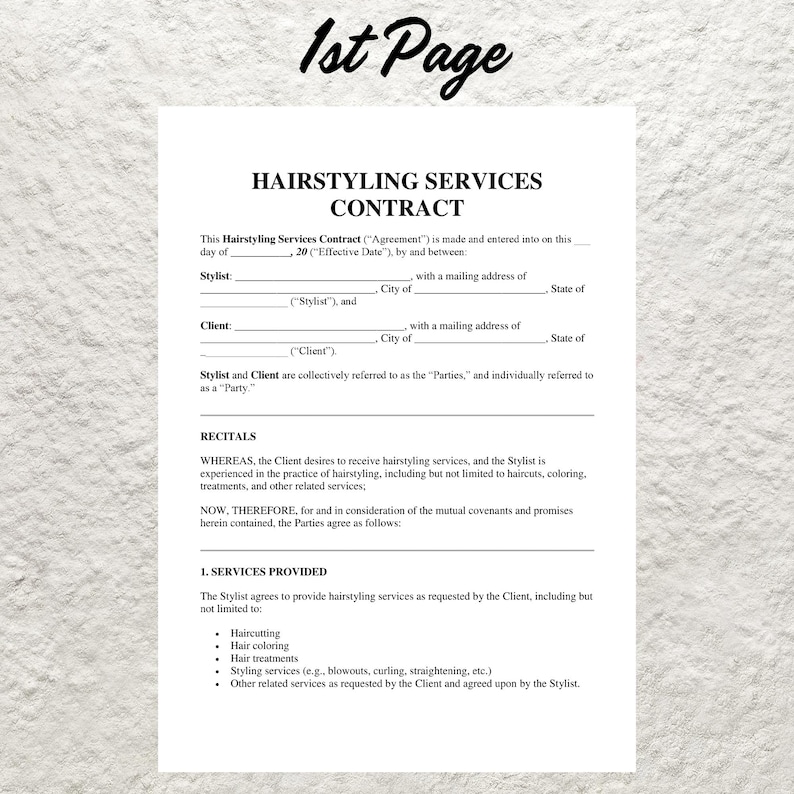 Editable Hairstyling Services Contract Template (word) - Etsy