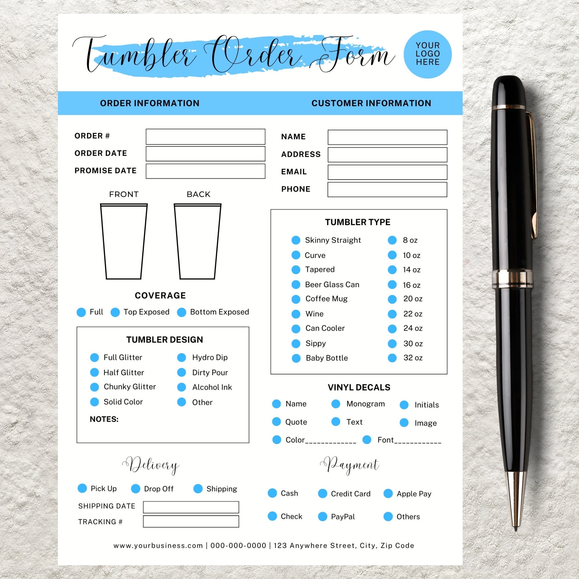 Editable Tumbler Order Form Template Printable Custom Tumbler Order ...