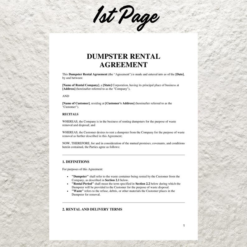 Dumpster Rental Agreement Template: Editable Waste Disposal Contract ...