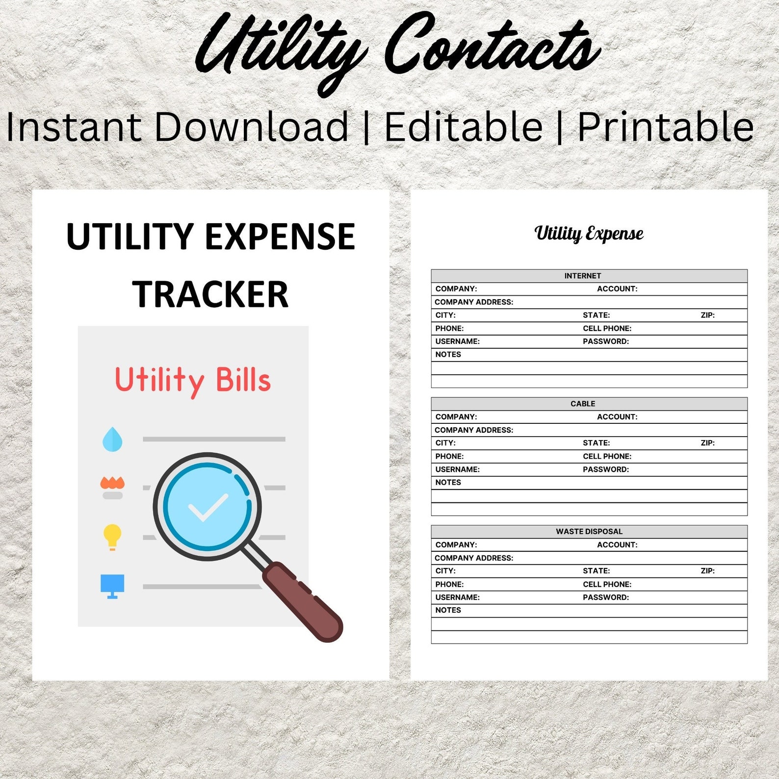 Utility Bill Tracker Template Printable Utility Contacts Utility ...