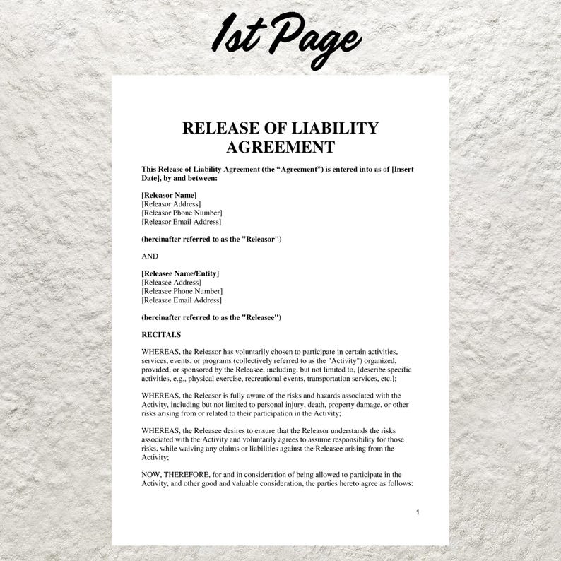 Editable Release of Liability Template: Waiver & Indemnity (word ...