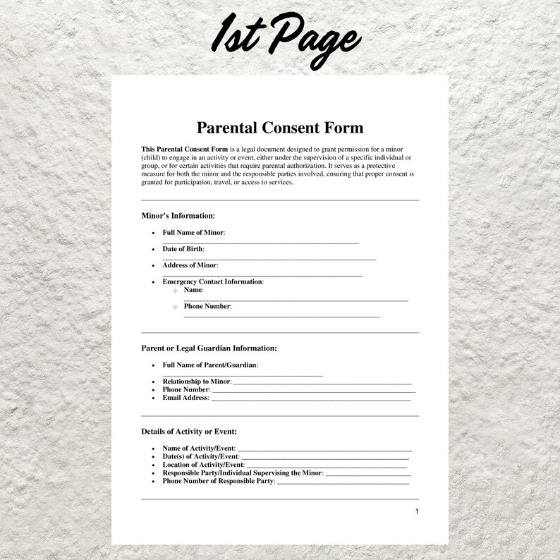 Parental Consent Form Template Editable Parental Liability Release Waiver Form Printable Parent ...
