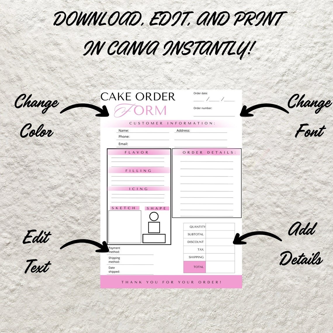 Editable Cake Order Form Canva Template Custom Bakery Cake Order Form ...