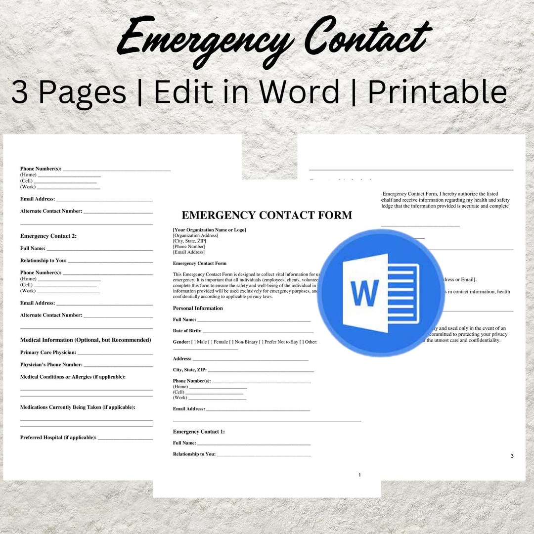 Emergency Information Sheet Editable Emergency Contact Form Printable ...