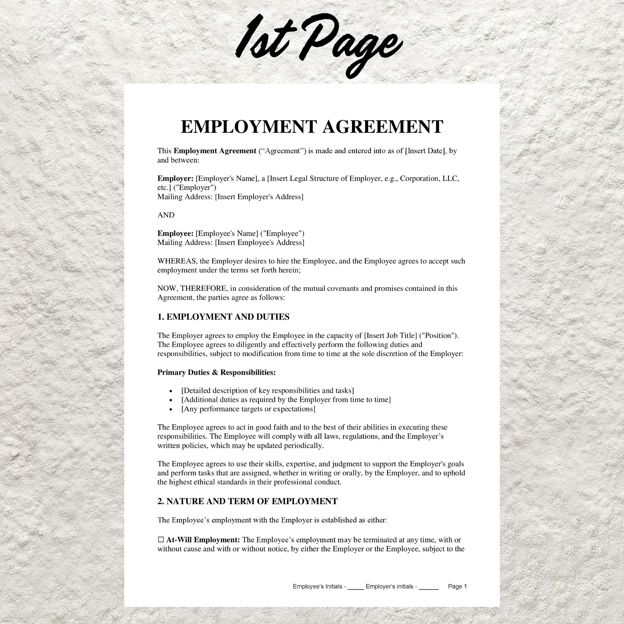 Employment Contract Template Printable Employment Agreement Printable ...