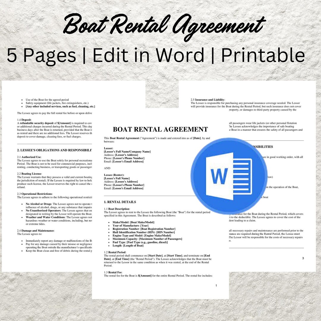 Boat Rental Agreement Template Editable Boat Rental Contract Printable ...