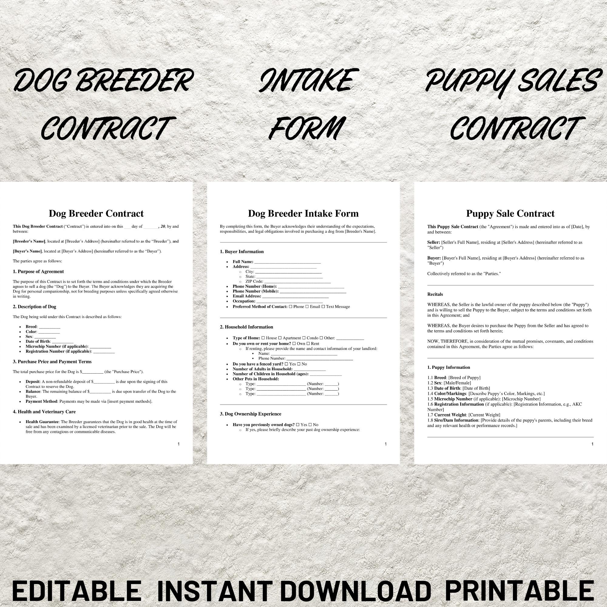 Puppy Breeder Starter Kit Dog Breeder Forms Bundle Editable Dog Breeder ...