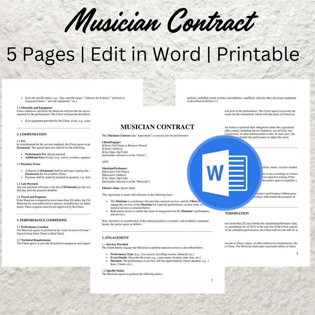 Musician Contract Template Editable Music Artist Service Agreement ...