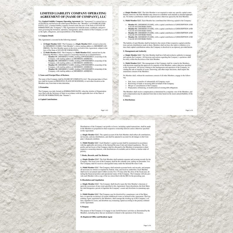 LLC Operating Agreement Template: Single/multi Member (word & Printable ...