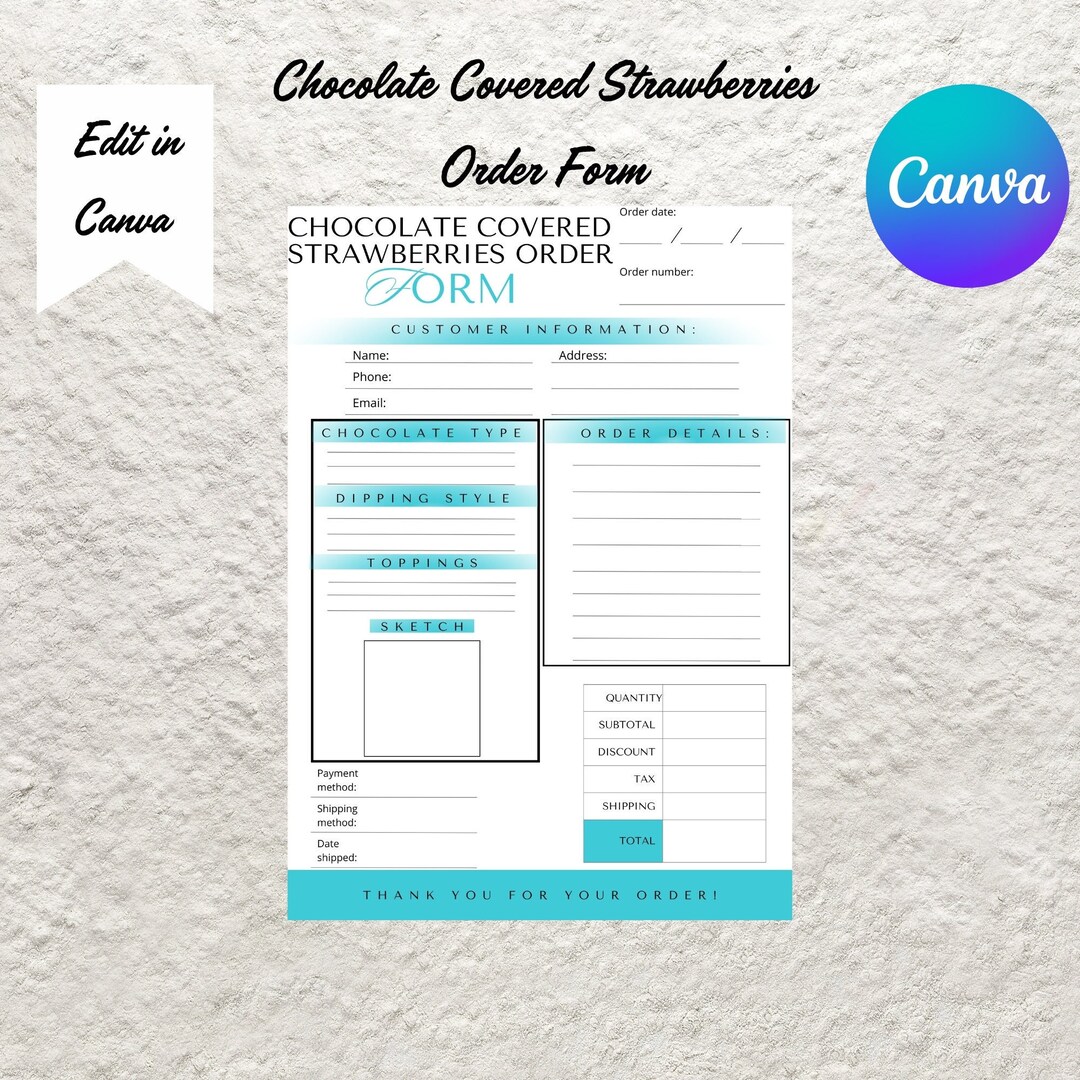 Chocolate Covered Strawberries Order Form Canva Template Printable Choc ...