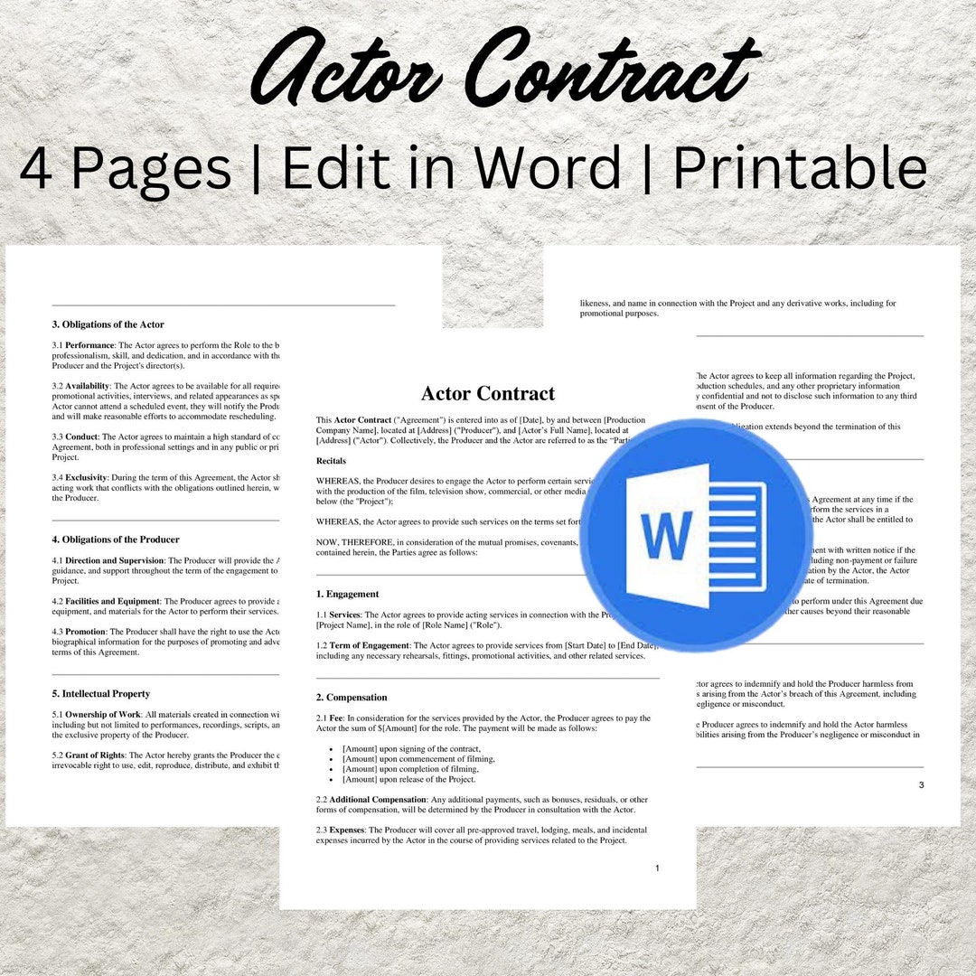 Professional Actor Contract Template Editable Actor Agreement Printable ...