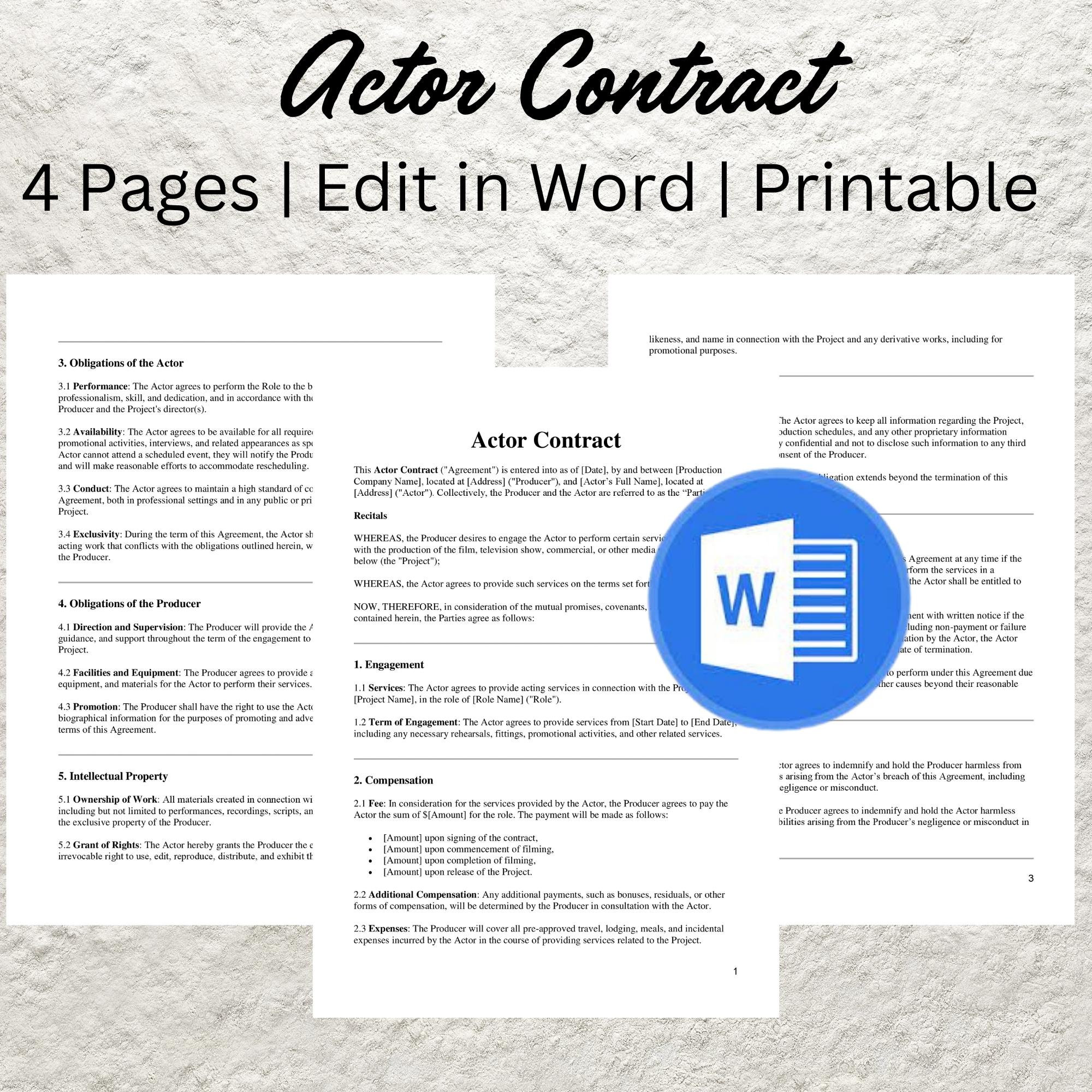 Professional Actor Contract Template Editable Actor Agreement Printable ...
