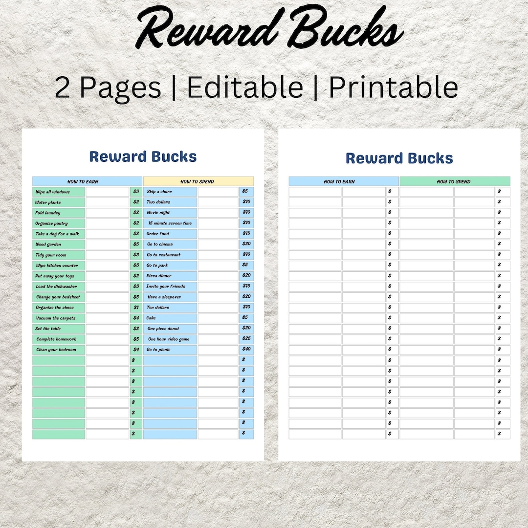Editable Kids Reward Bucks Template Printable Mom Bucks Reward System ...