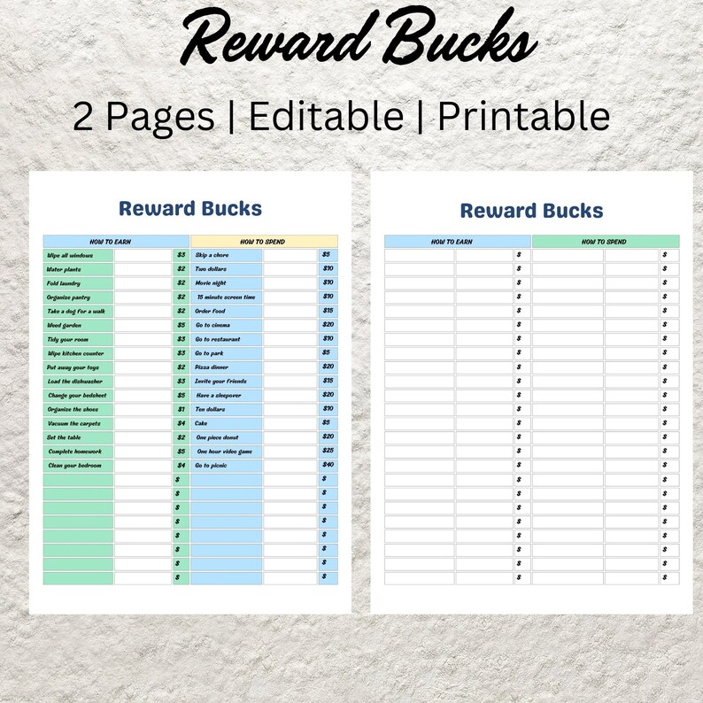 Editable Kids Reward Bucks Template Printable Mom Bucks Reward System ...