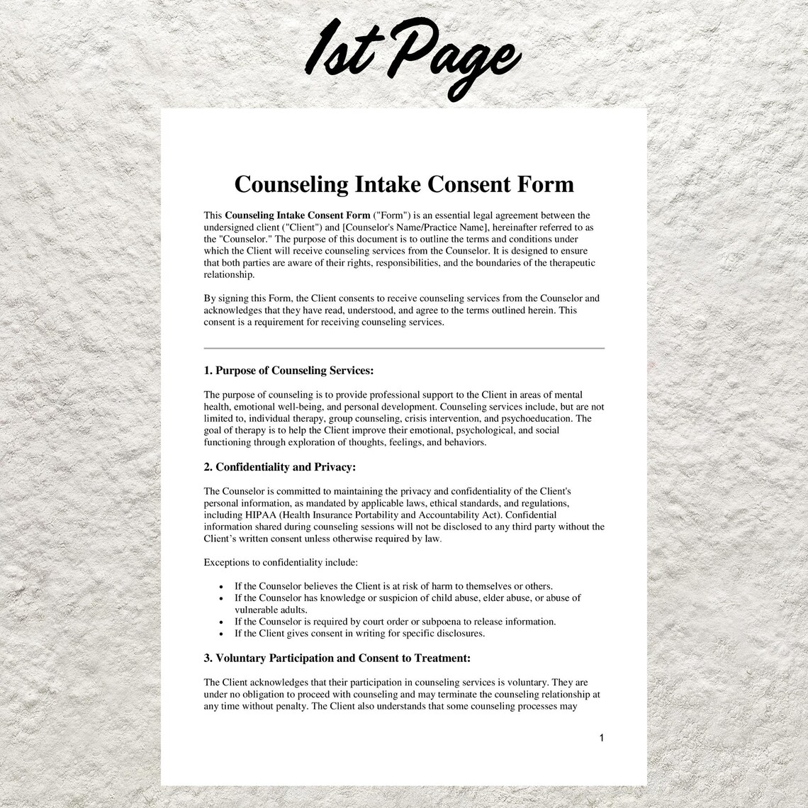 Counseling Intake Form Template: Editable Client Consent (PDF) - Etsy