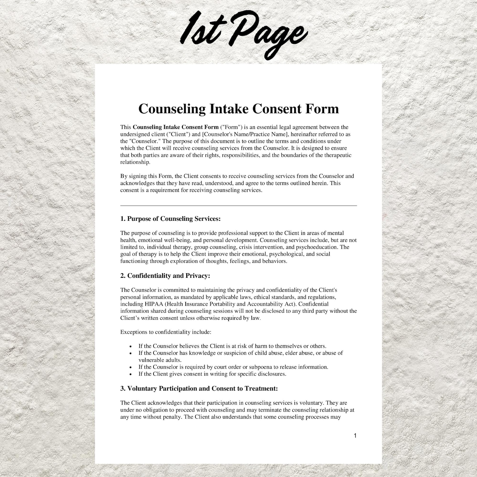 Counseling Intake Form Template Editable Informed Consent Form ...
