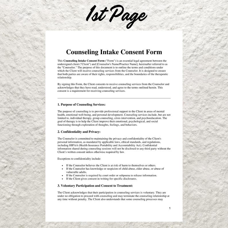 Counseling Intake Form Template Editable Informed Consent Form ...