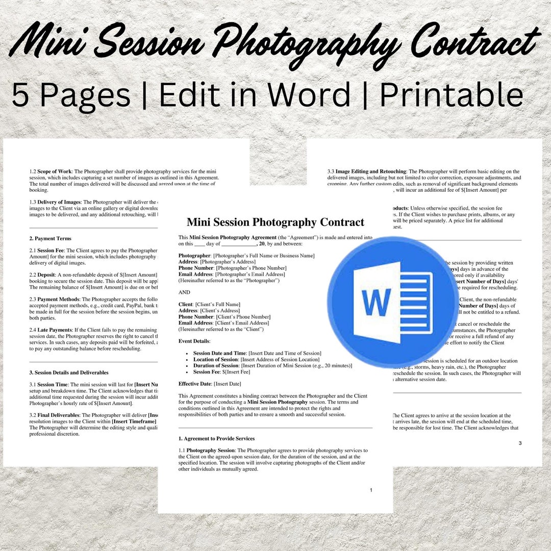 Mini Session Photography Contract Template: Editable Agreement (word ...