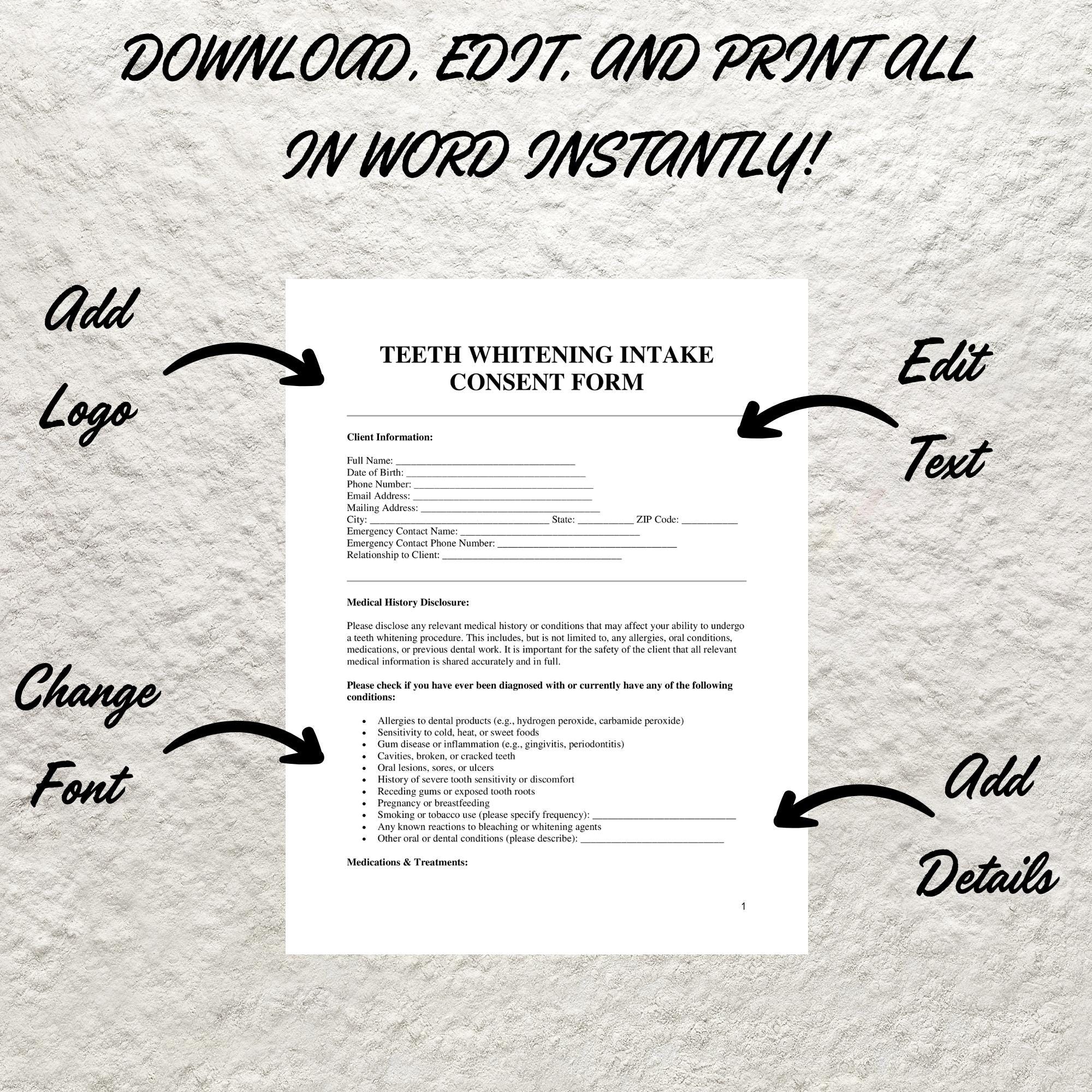 Teeth Whitening Consent Form Template: Editable Client Intake (PDF ...