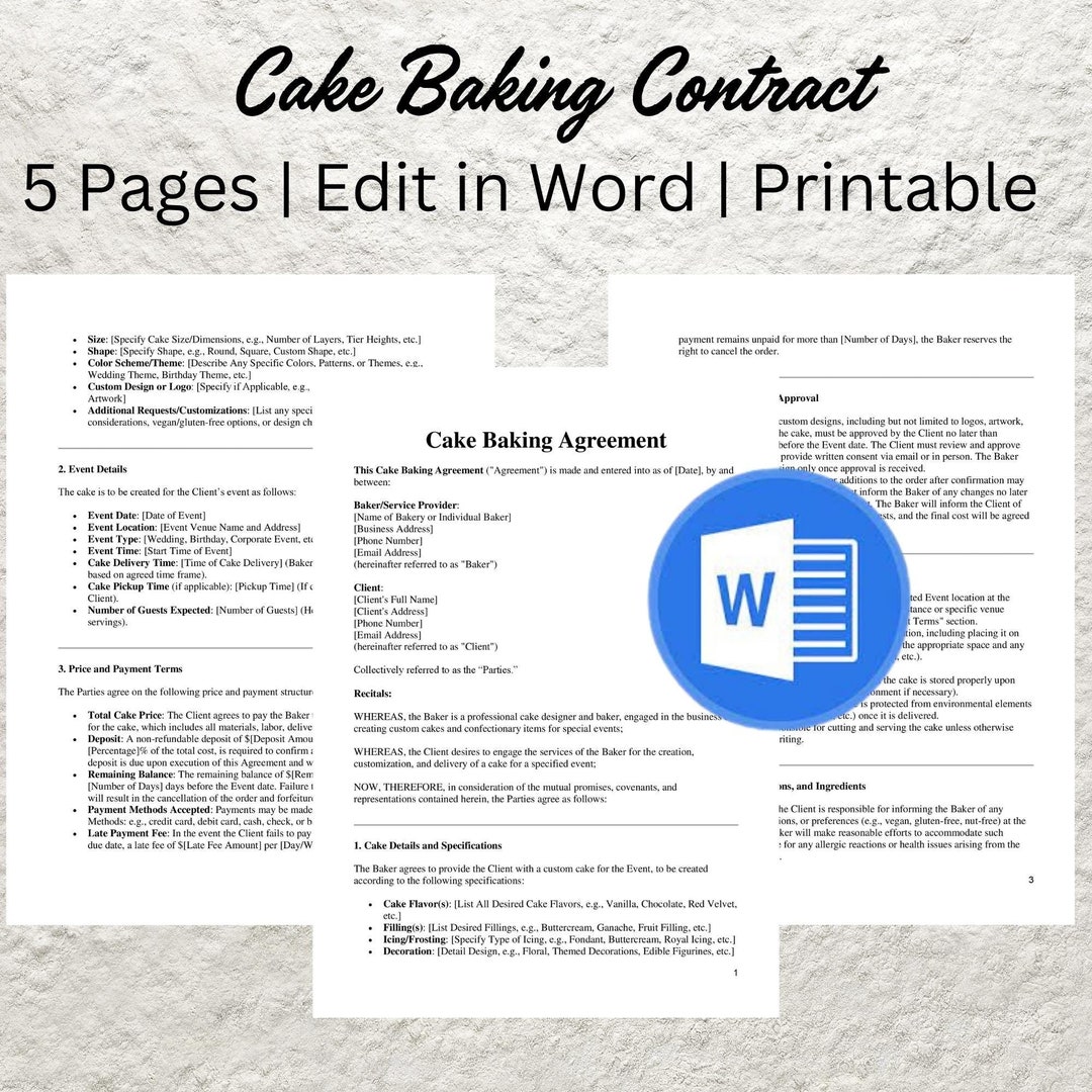 Cake Contract Template Editable Cake Baking Service Agreement Printable ...