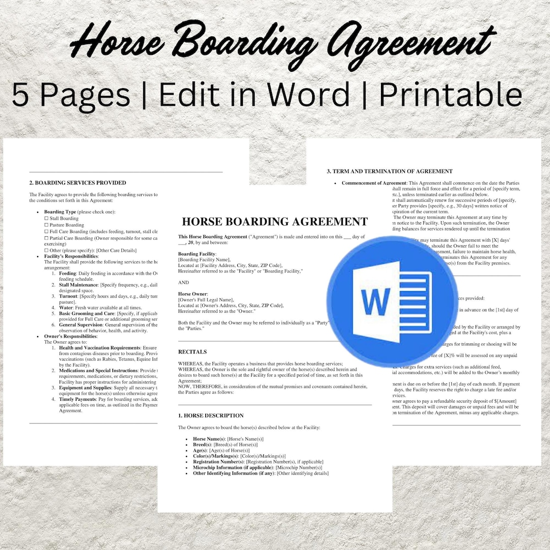 Horse Boarding Contract Template Editable Horse Care Boarding Agreement ...