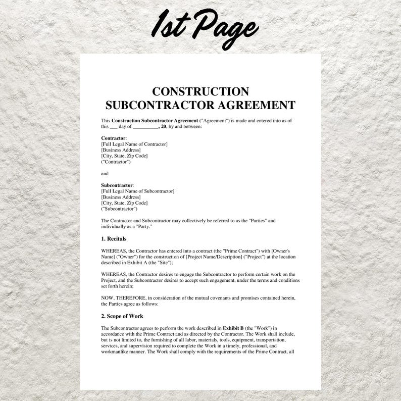 Construction Subcontractor Agreement Template: Editable Legal Contract ...