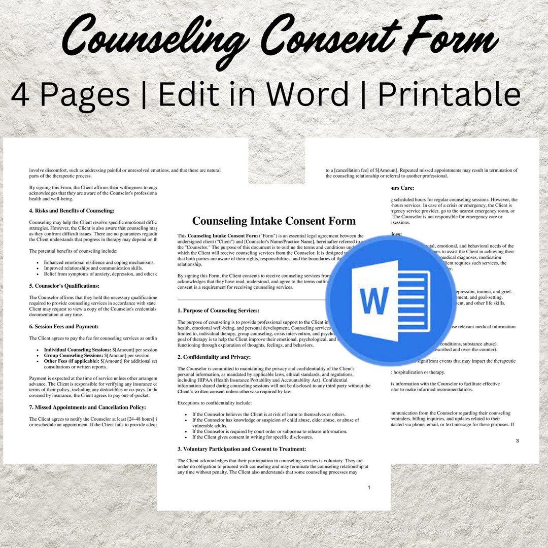 Counseling Intake Form Template: Editable Client Consent (PDF) - Etsy