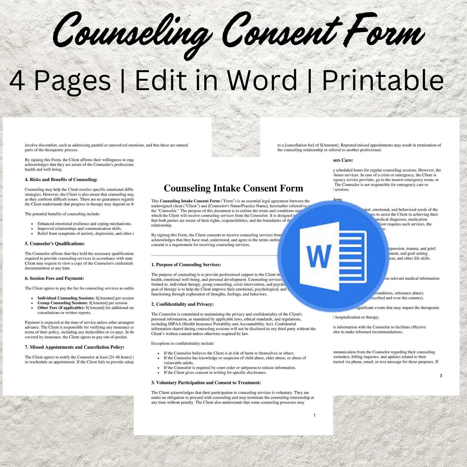 Counseling Intake Form Template Editable Informed Consent Form ...