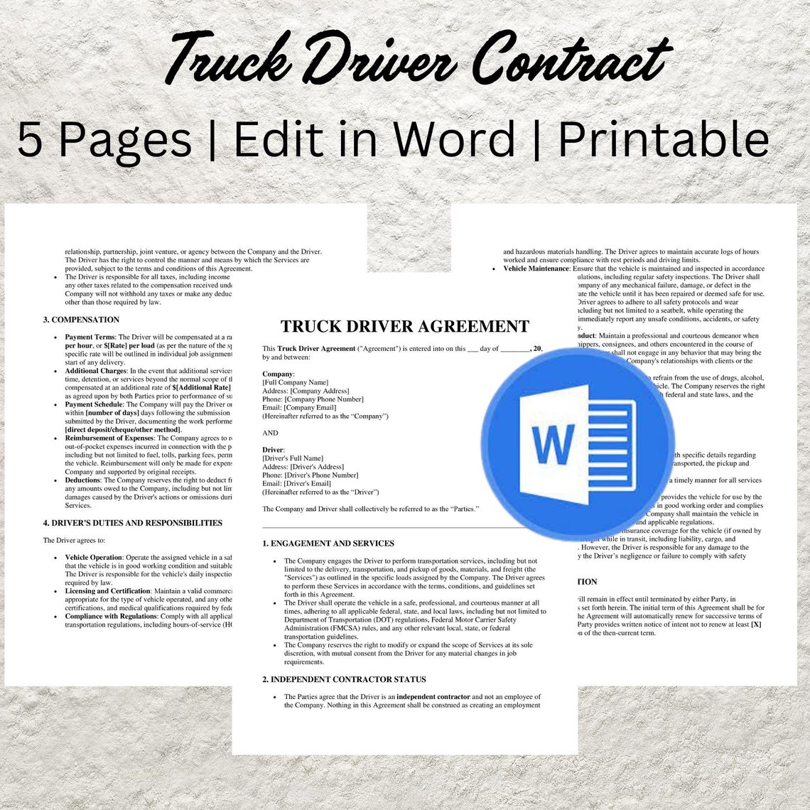 Truck Driver Contract Template: Editable Service Agreement (word ...