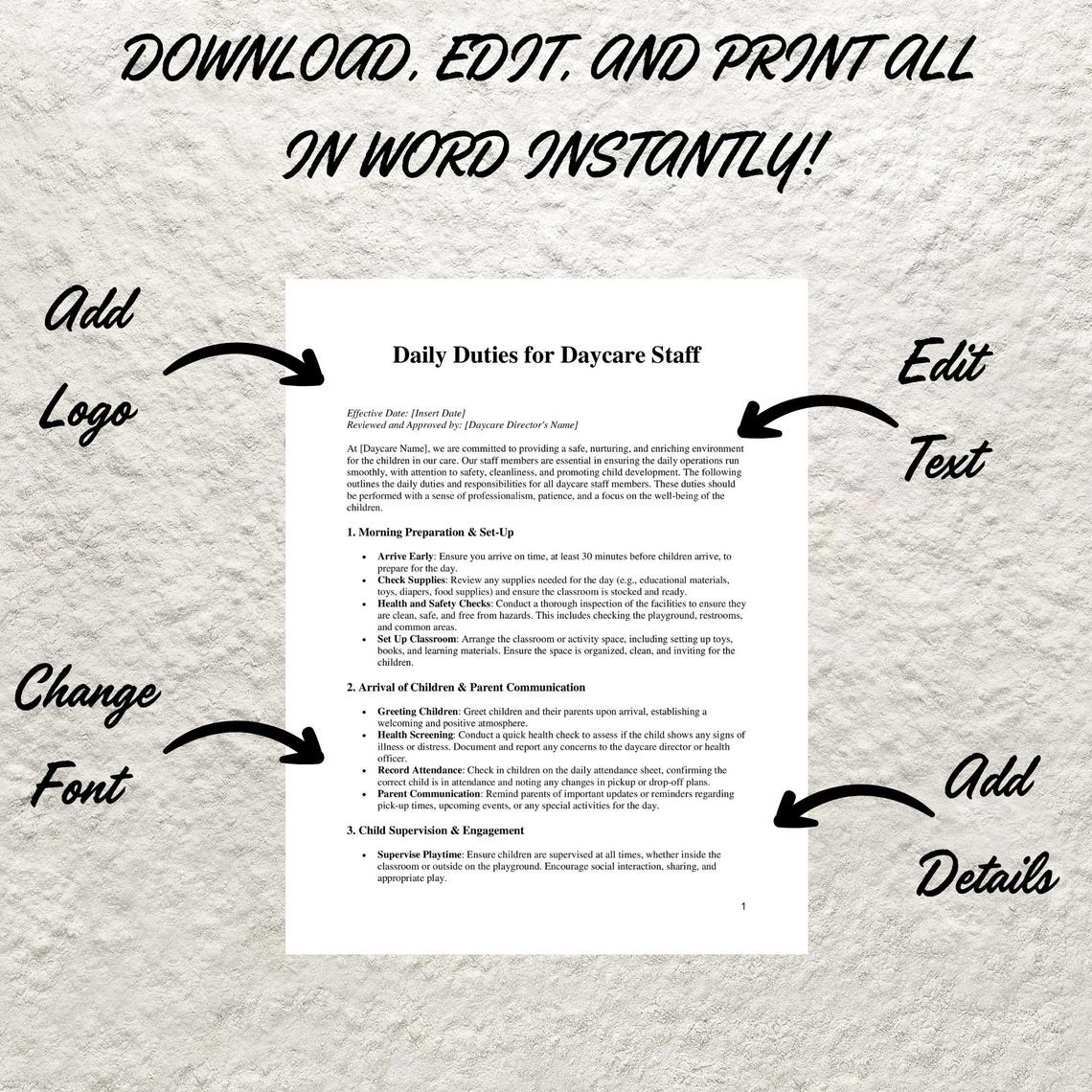 Daycare Employee Handbook Template: Editable Staff Policies (word ...