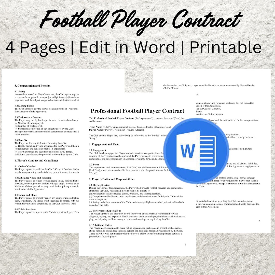 Football Player Contract Template Editable Professional Sports ...