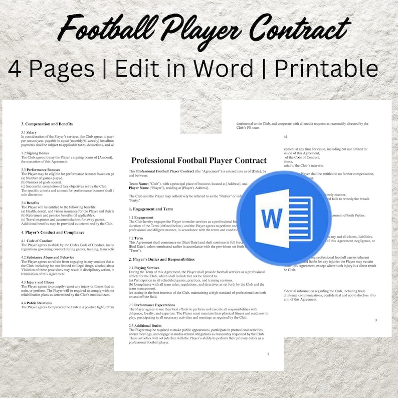 Editable Football Player Contract Template: Pro Sports Agreement (PDF ...
