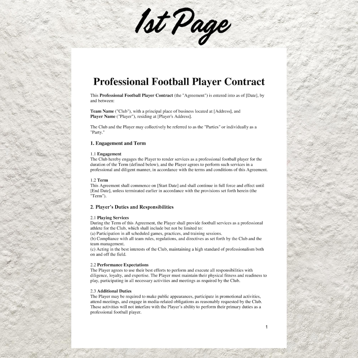Editable Football Player Contract Template: Pro Sports Agreement (PDF ...