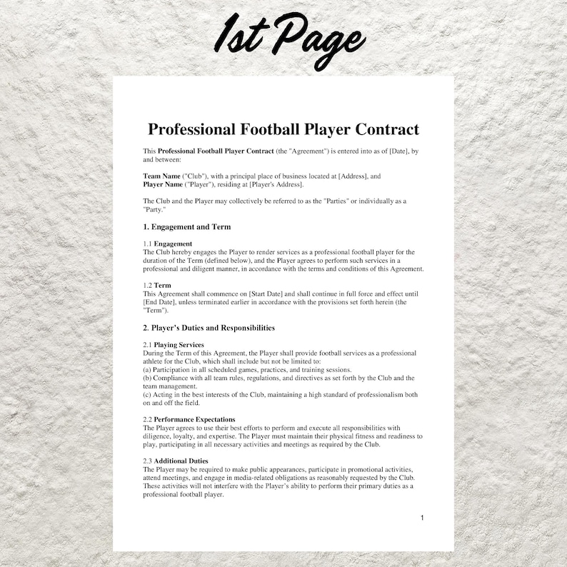 Editable Football Player Contract Template: Pro Sports Agreement (PDF ...