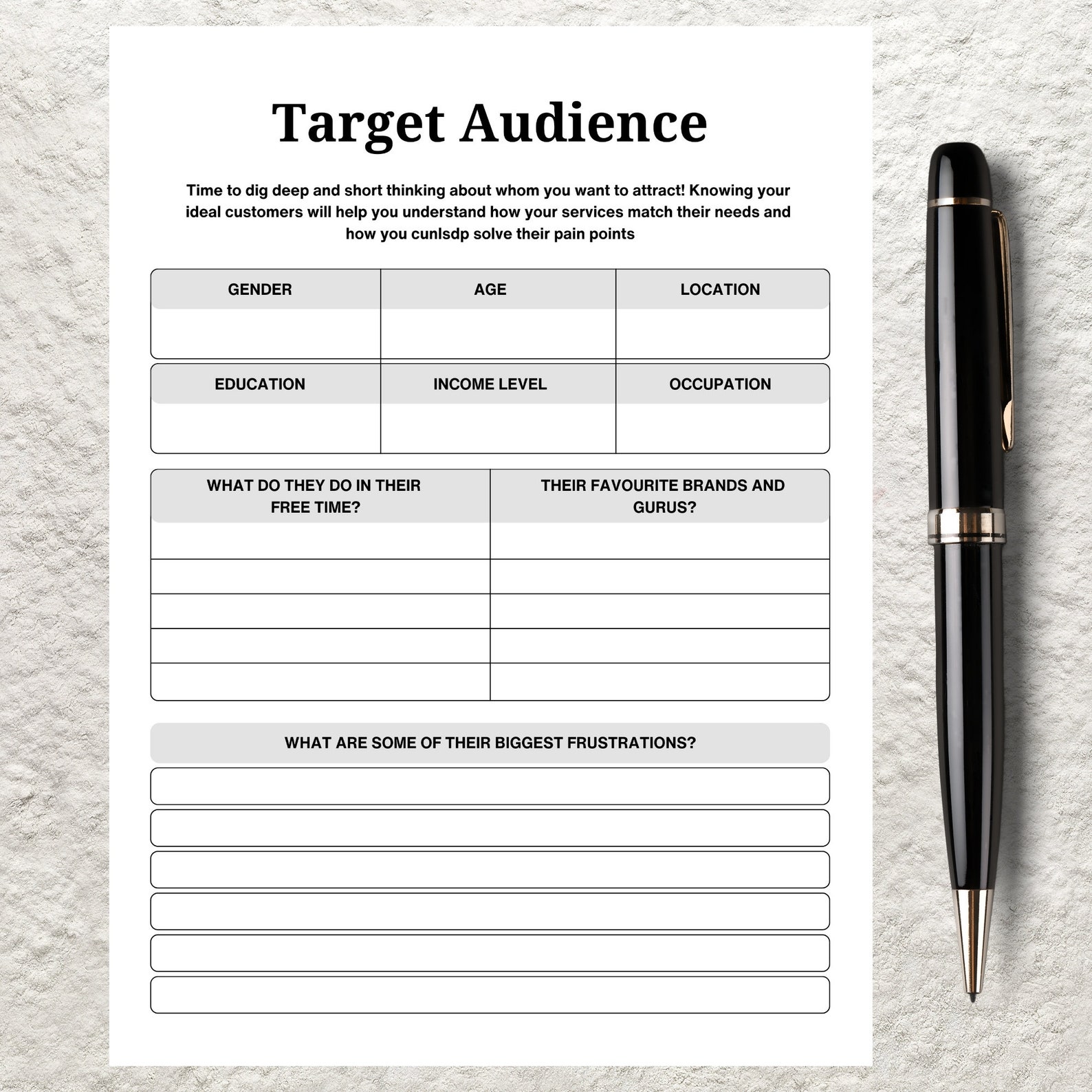 Target Audience Template Printable Target Customer Market Planner Ideal ...