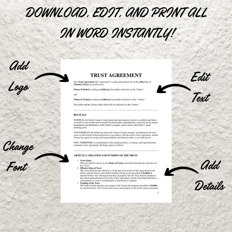 Editable Trust Agreement Template: Estate Planning Document (microsoft ...