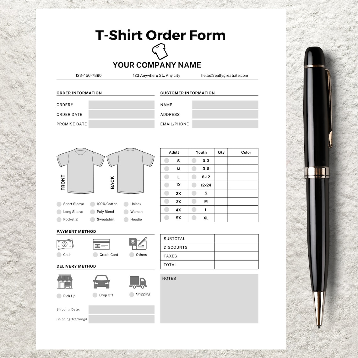 Editable T-shirt Order Form Template Printable T Shirt Order Form Blank ...