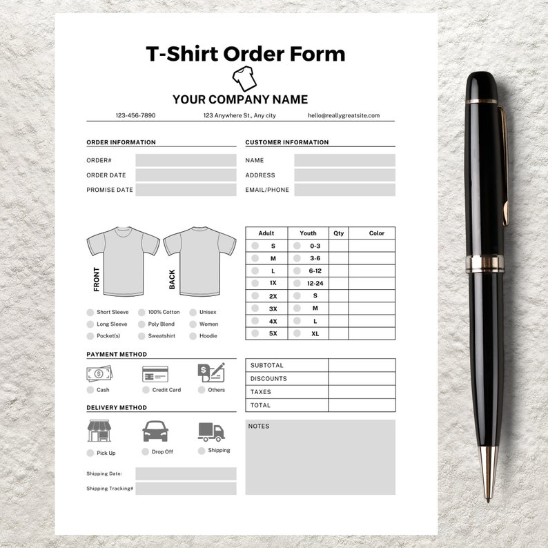 Editable T-shirt Order Form Template Printable T Shirt Order Form Blank ...
