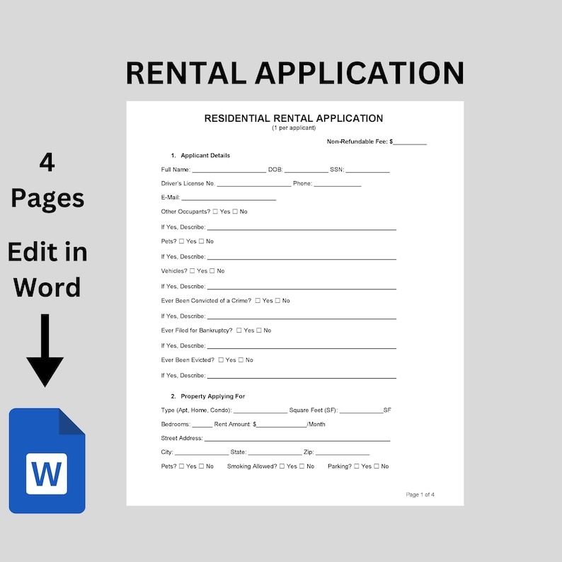 Editable Rental Property Application Form Landlord Rental Application ...