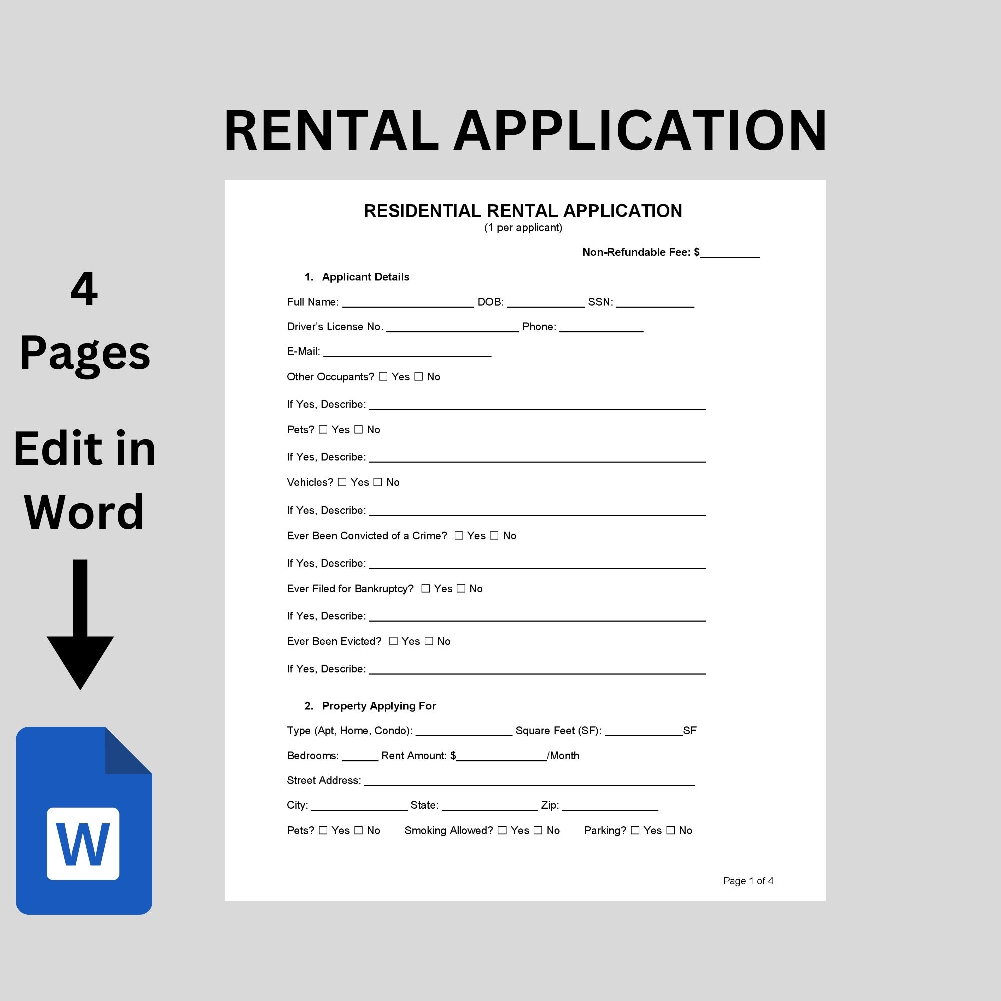Editable Rental Property Application Form Landlord Rental Application ...