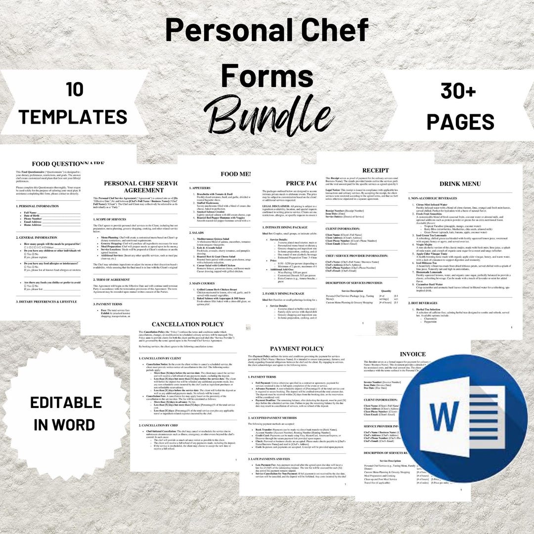 Personal Chef Forms Bundle: Editable Service Agreement Templates - Etsy