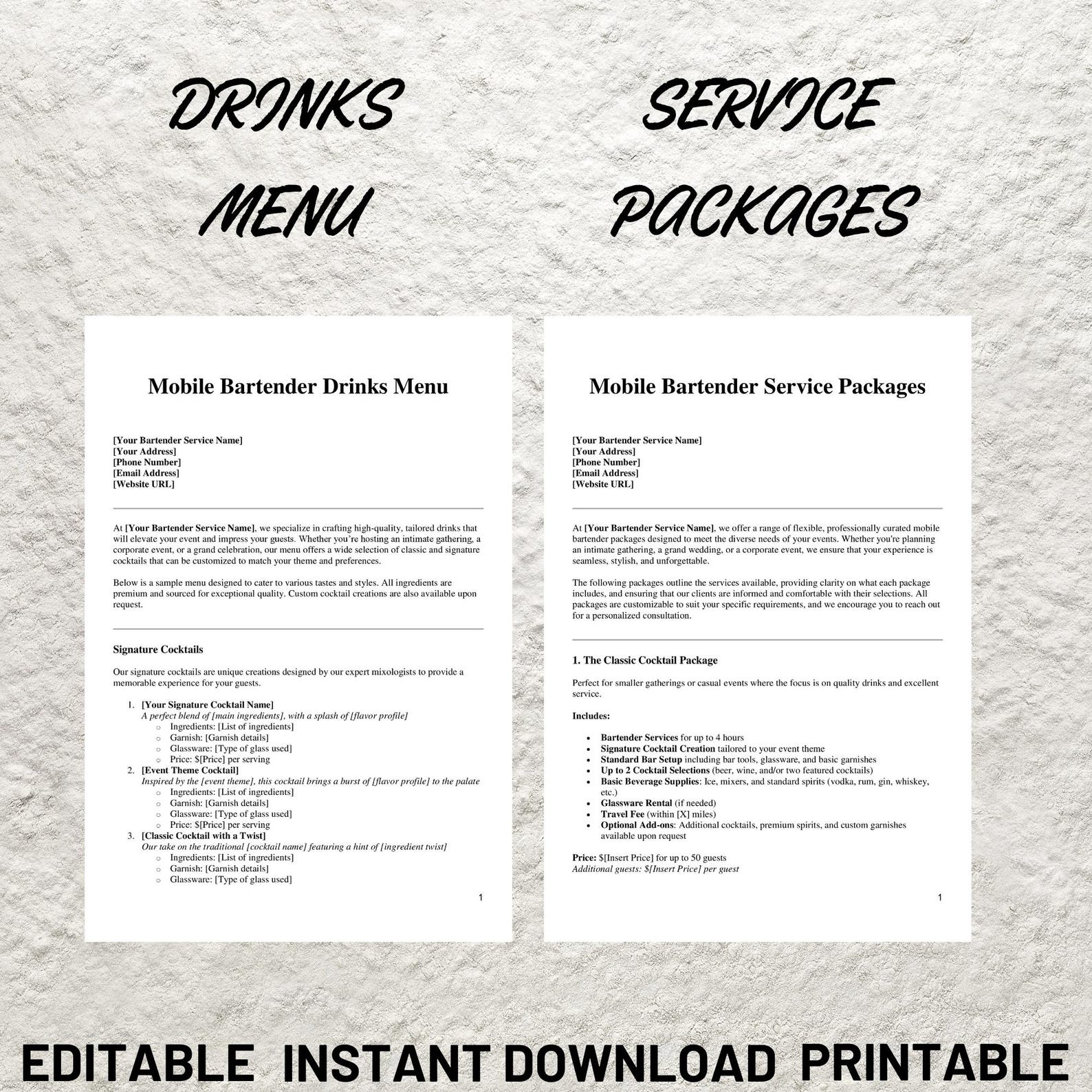 Mobile Bar Business Forms Bundle Editable Bartender Contract Printable ...