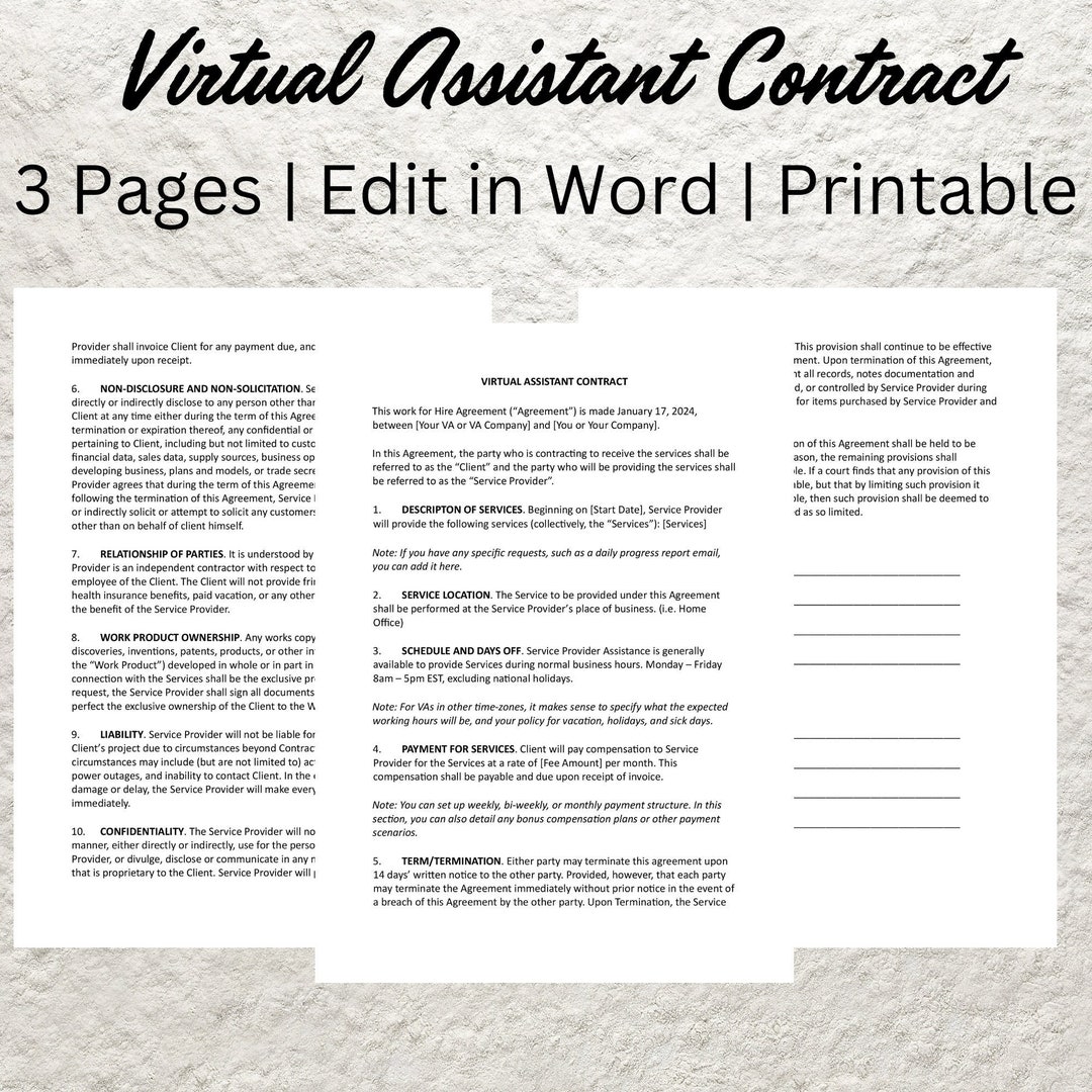 Editable Virtual Assistant Contract Template Printable Virtual ...