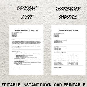 Mobile Bar Business Forms Bundle Editable Bartender Contract Printable Bartending Service ...
