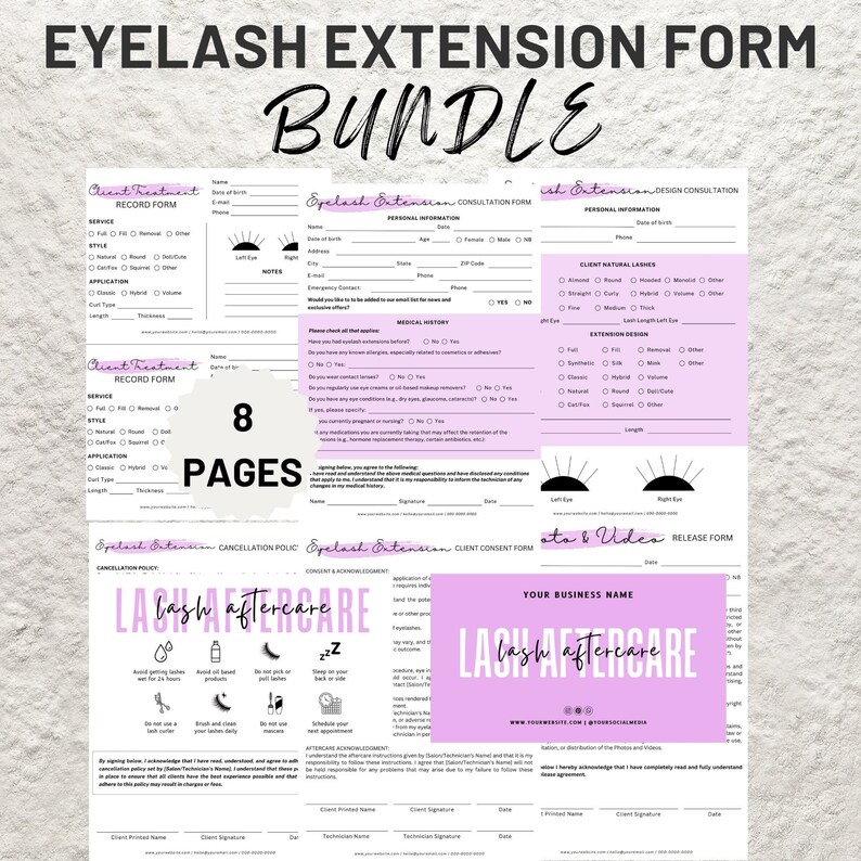 Eyelash Extension Forms Template Editable Printable Lash Consent Form Consultation Aftercare ...