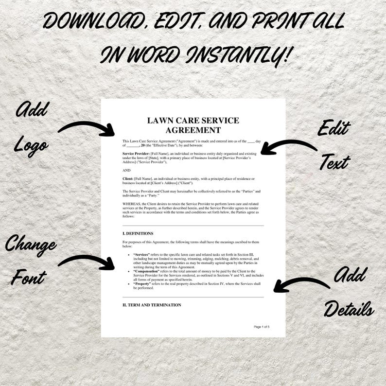 Lawn Care Contract Template Editable Lawn Care Service Agreement ...