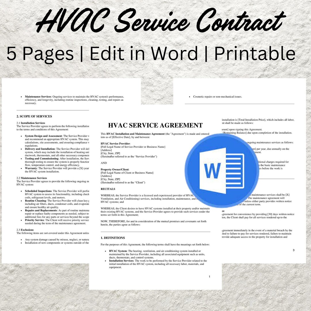 HVAC Service Contract Template Editable HVAC Installation Service ...