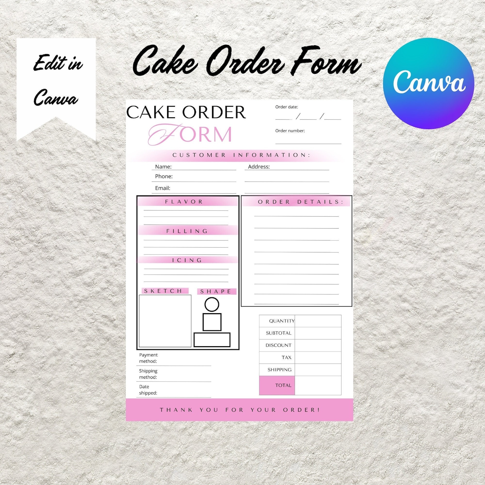 Editable Cake Order Form Canva Template Custom Bakery Cake Order Form ...
